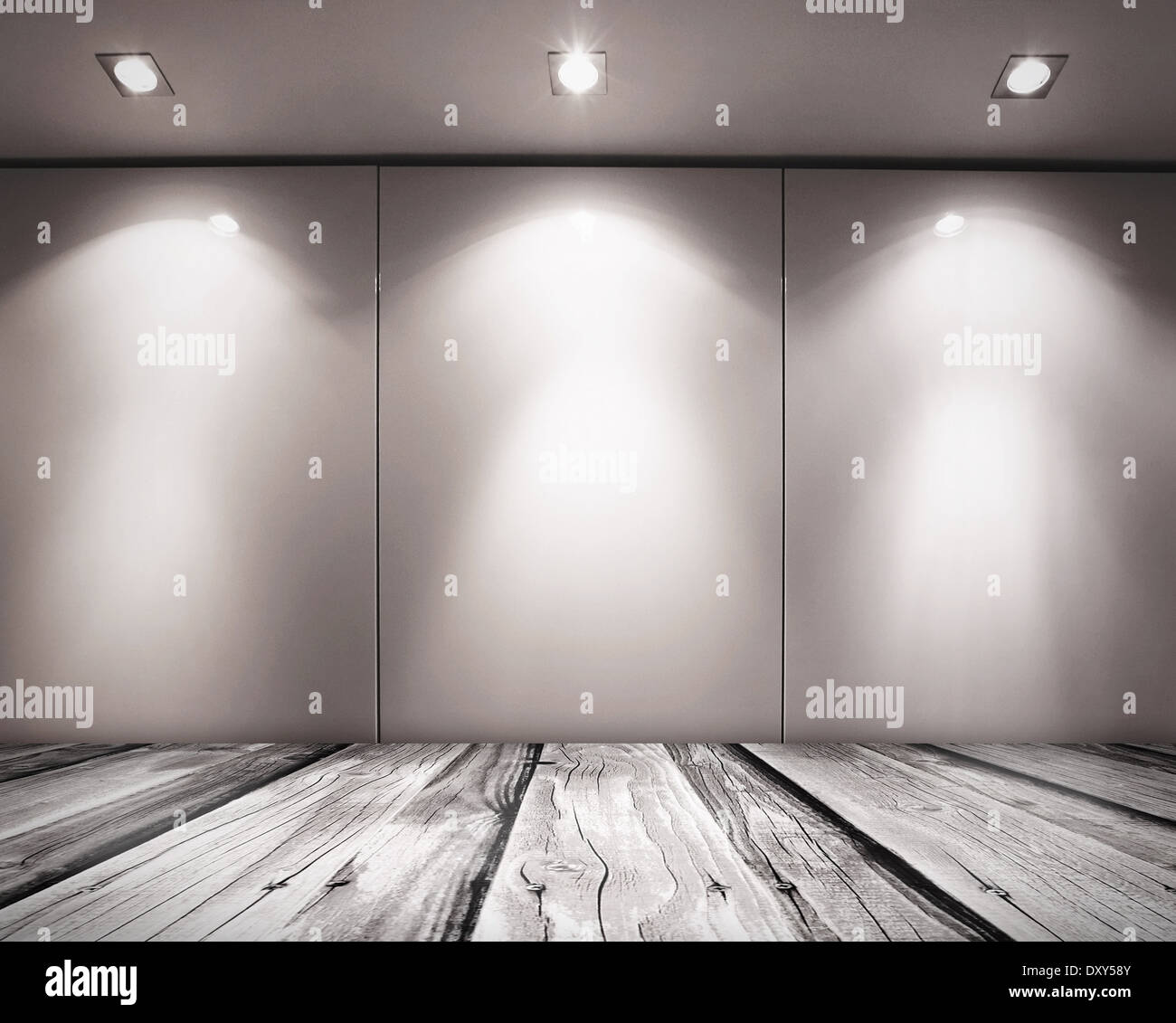 Wall with light sources and wooden floor Stock Photo - Alamy