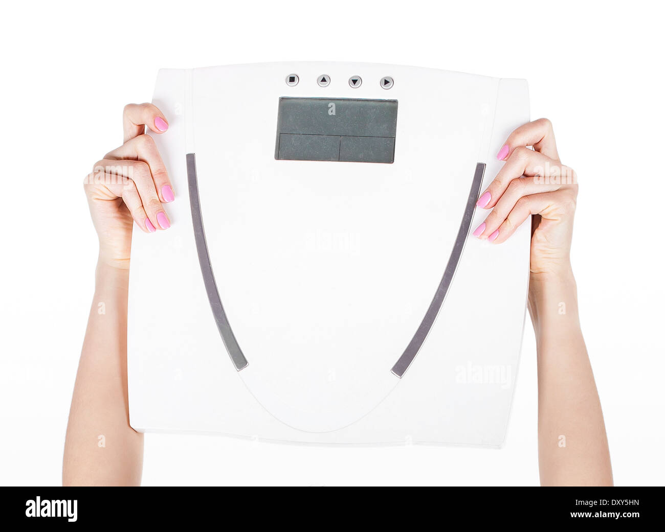 Scale in woman hands. Closeup on white background Stock Photo - Alamy