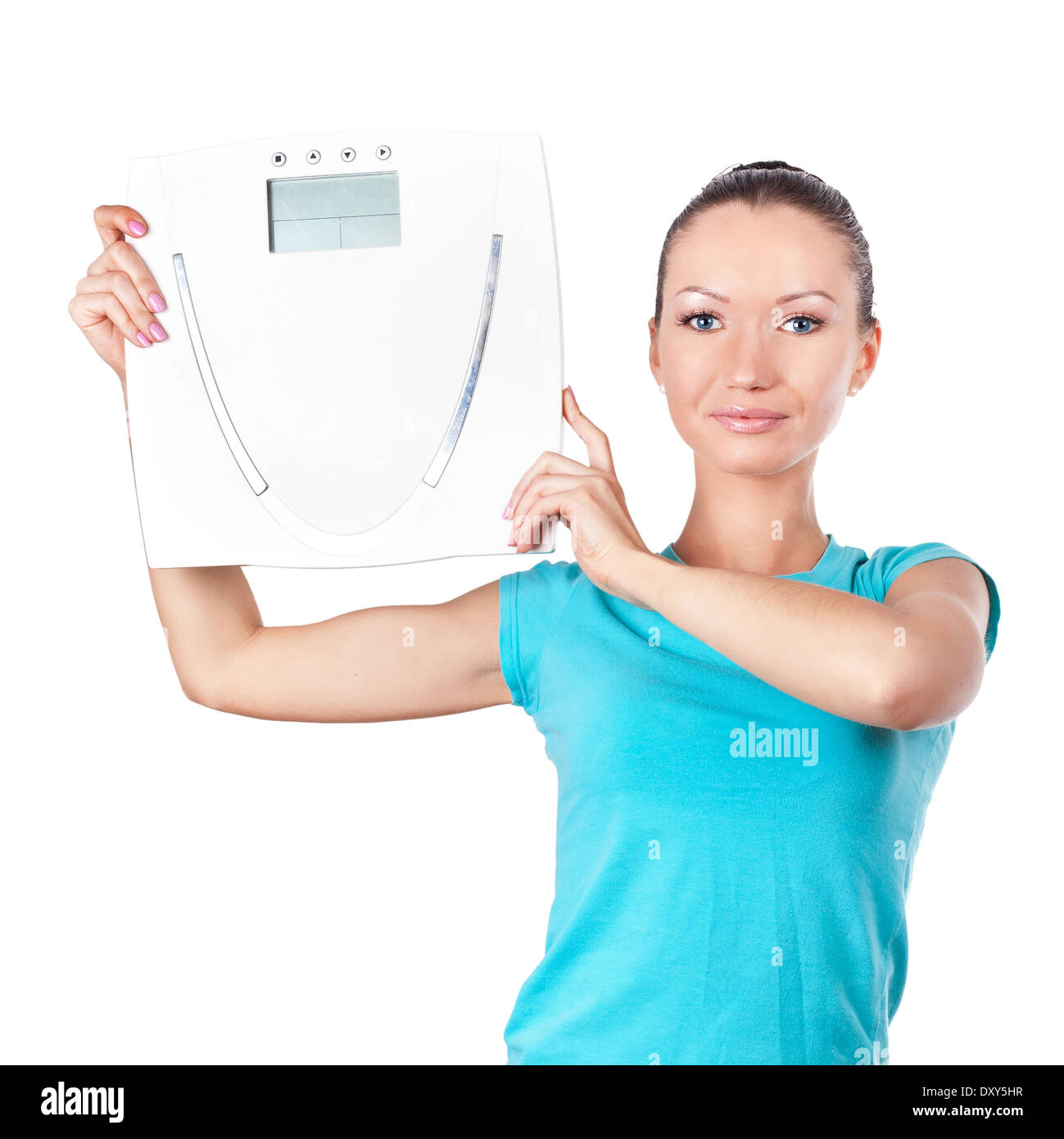 Beautiful woman holding scale, portrait on white background Stock Photo ...