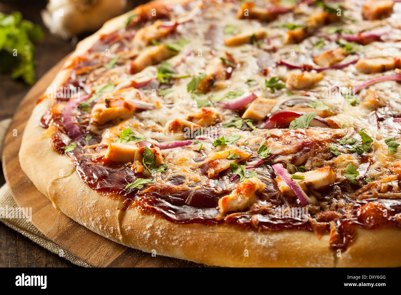 Homemade Barbecue Chicken Pizza with Onions and Cilantro Stock Photo ...