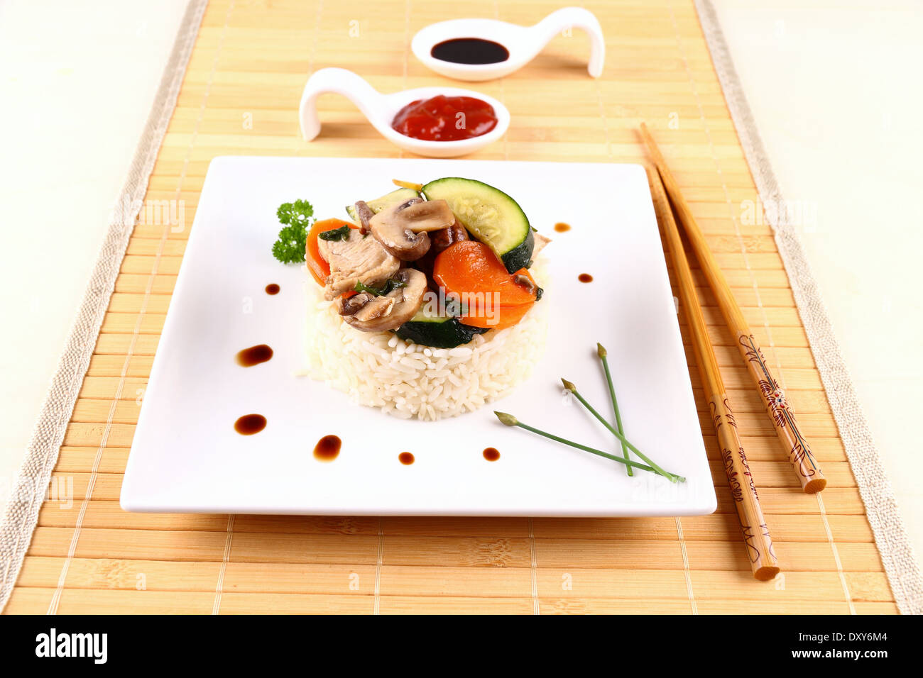 Chicken meat in china pan asian rice with vegetables, horizontal Stock ...