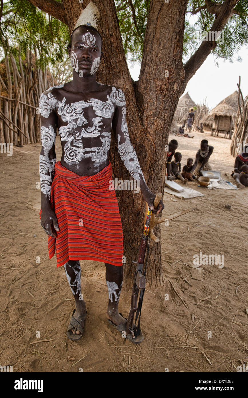 painted Karo warrior in Kolcho on the Omo River, Ethiopia Stock Photo ...