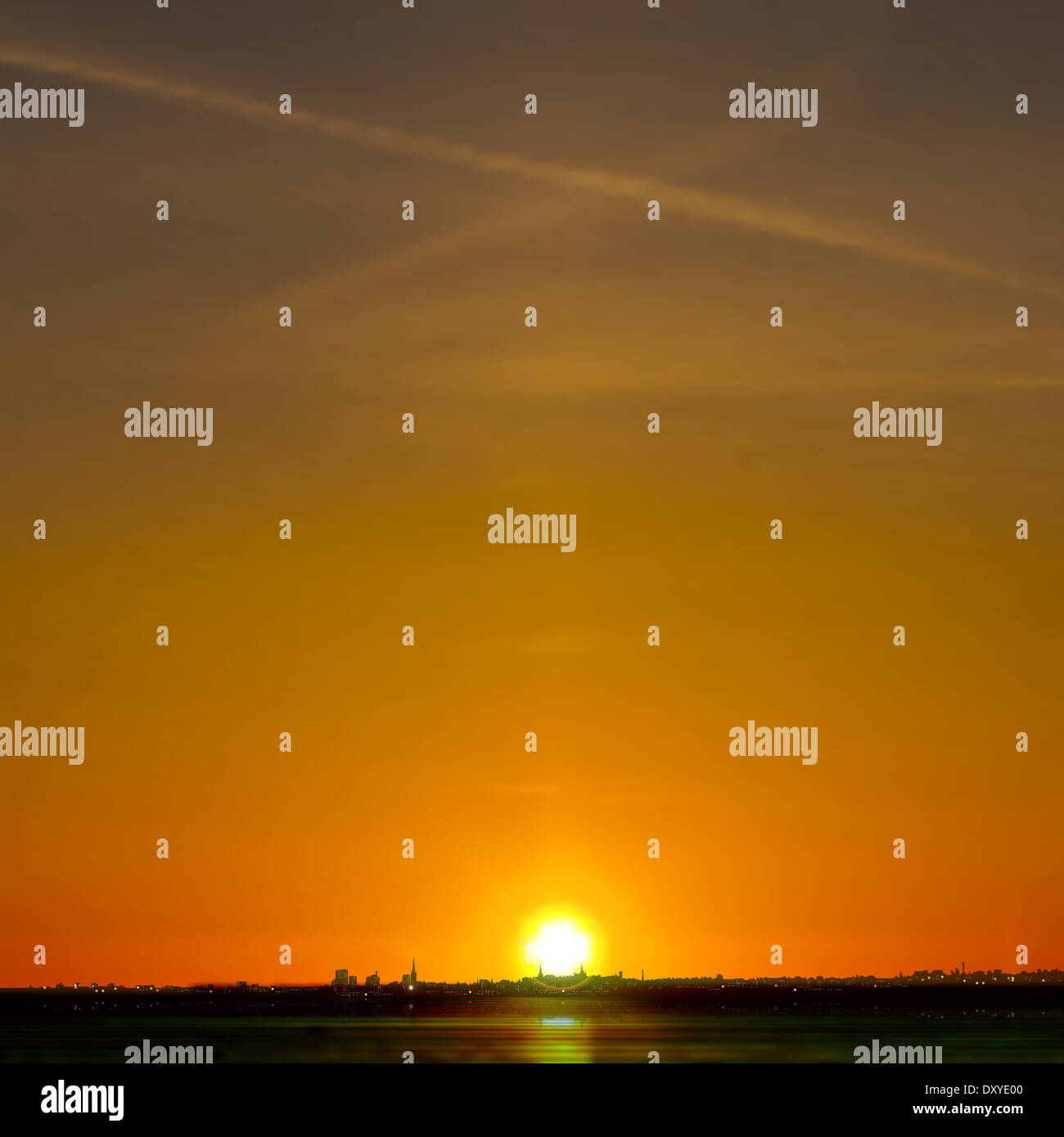 abstract gold background with sunrise and silhouette of city Stock ...