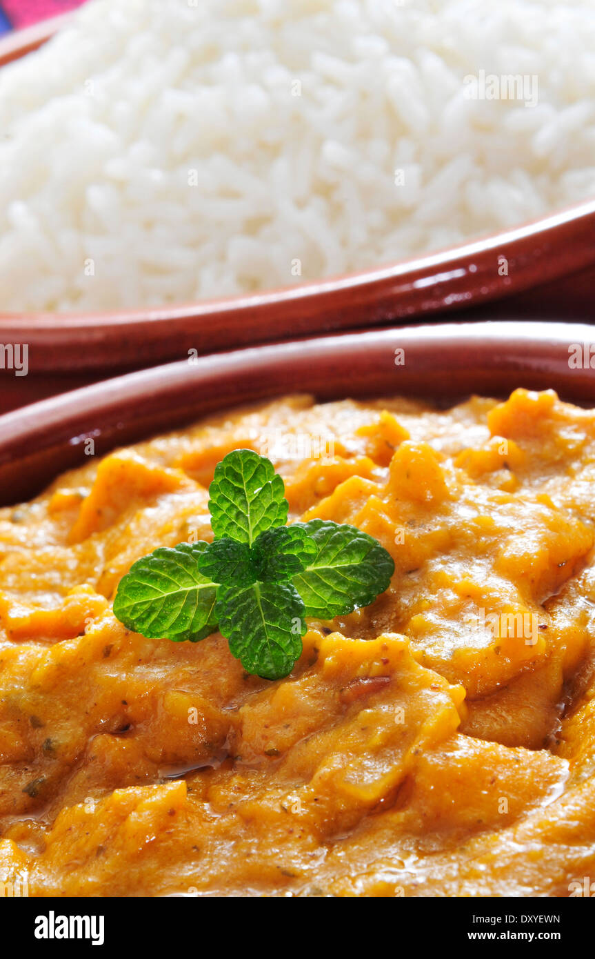 closeup of an earthenware bowl with korma curry and a bowl with basmati ...