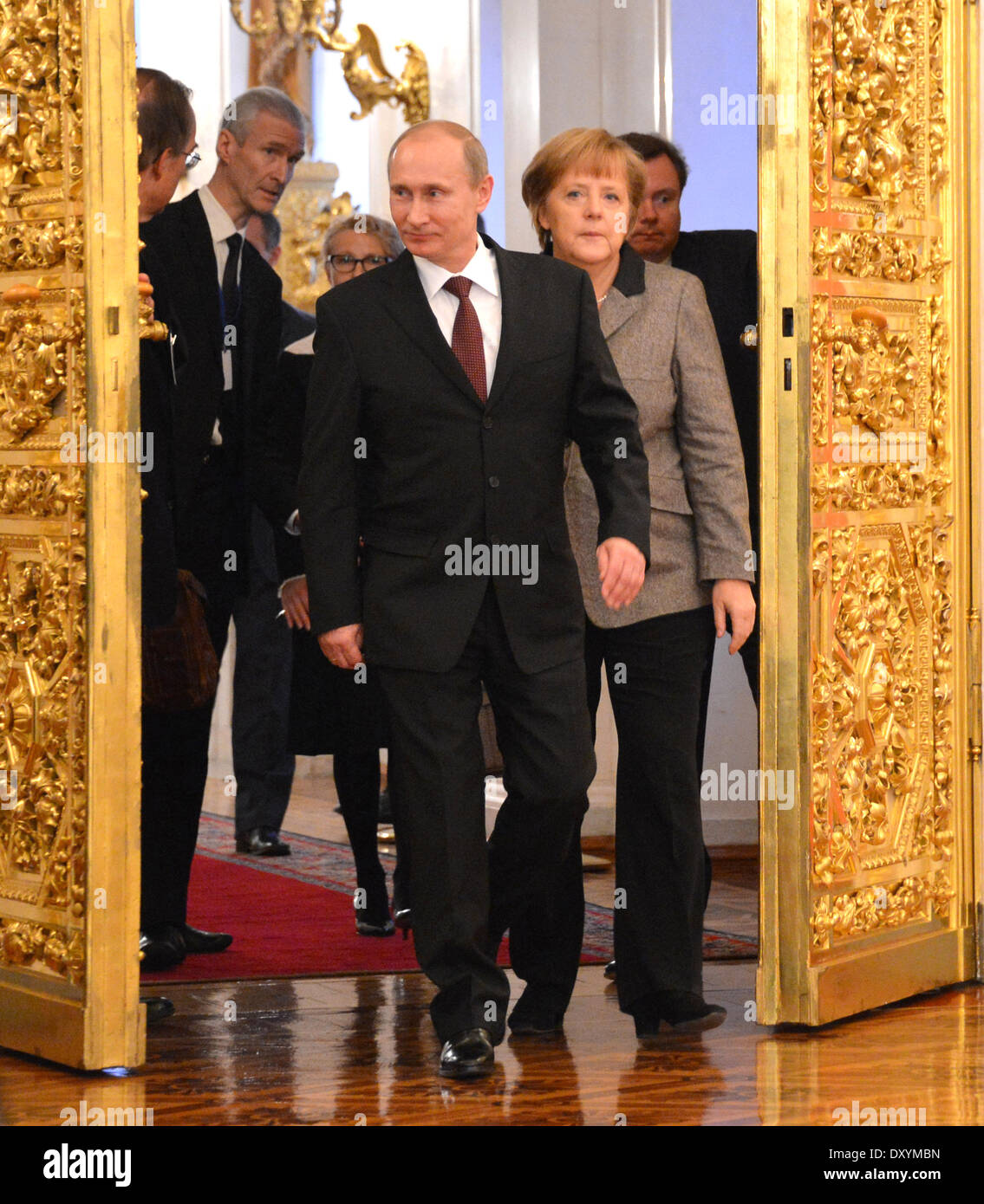 Russian President Vladimir Putin and German Chancellor Angela Merkel ...
