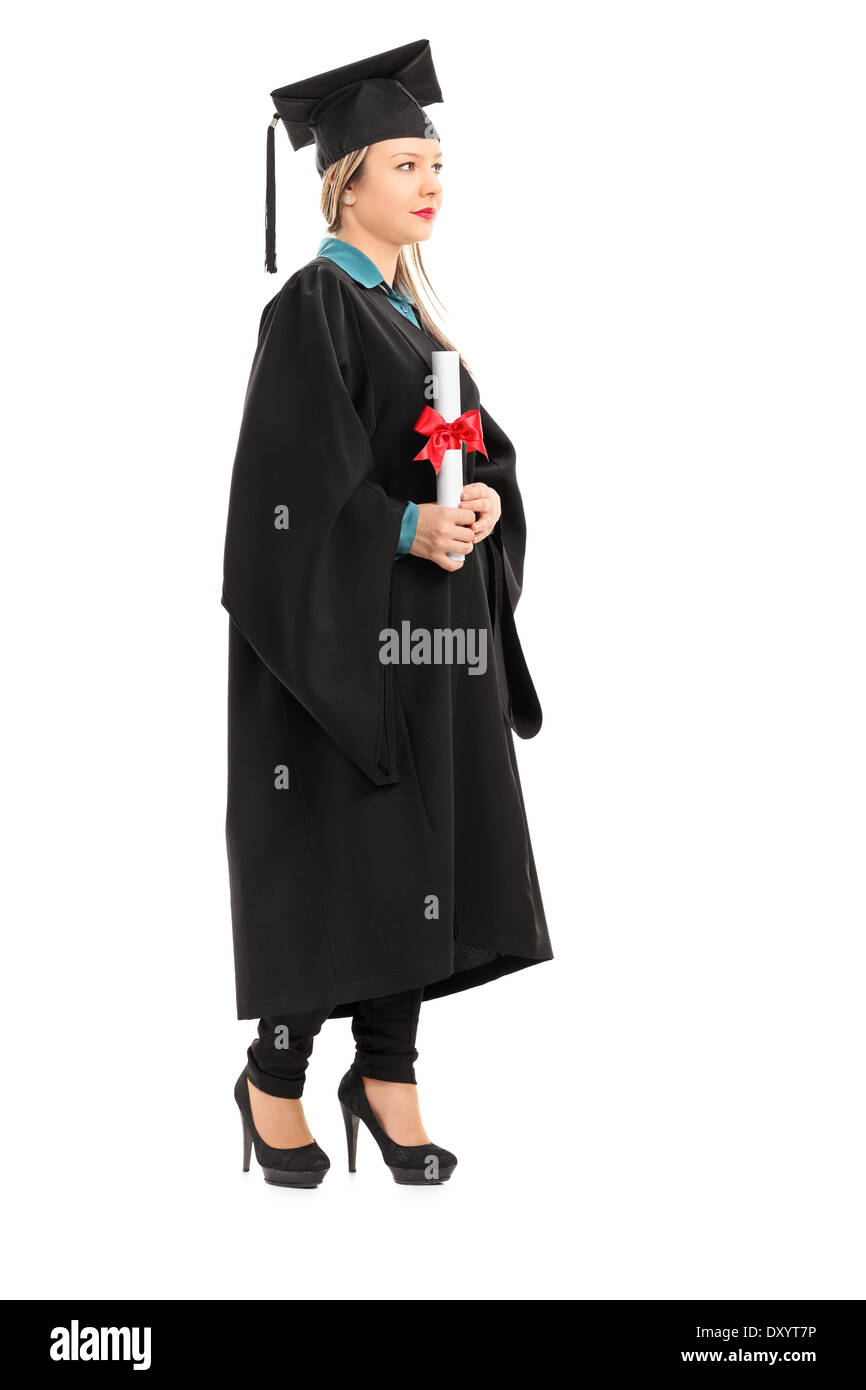 Full length portrait of a female graduate holding a diploma Stock Photo ...