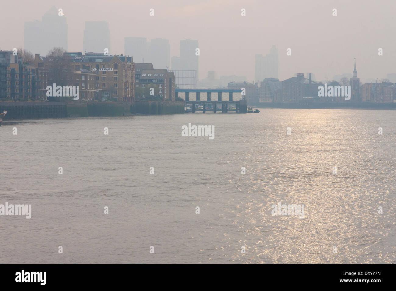 London, April 2nd 2014. Haze obscures Docklands as air pollution from ...