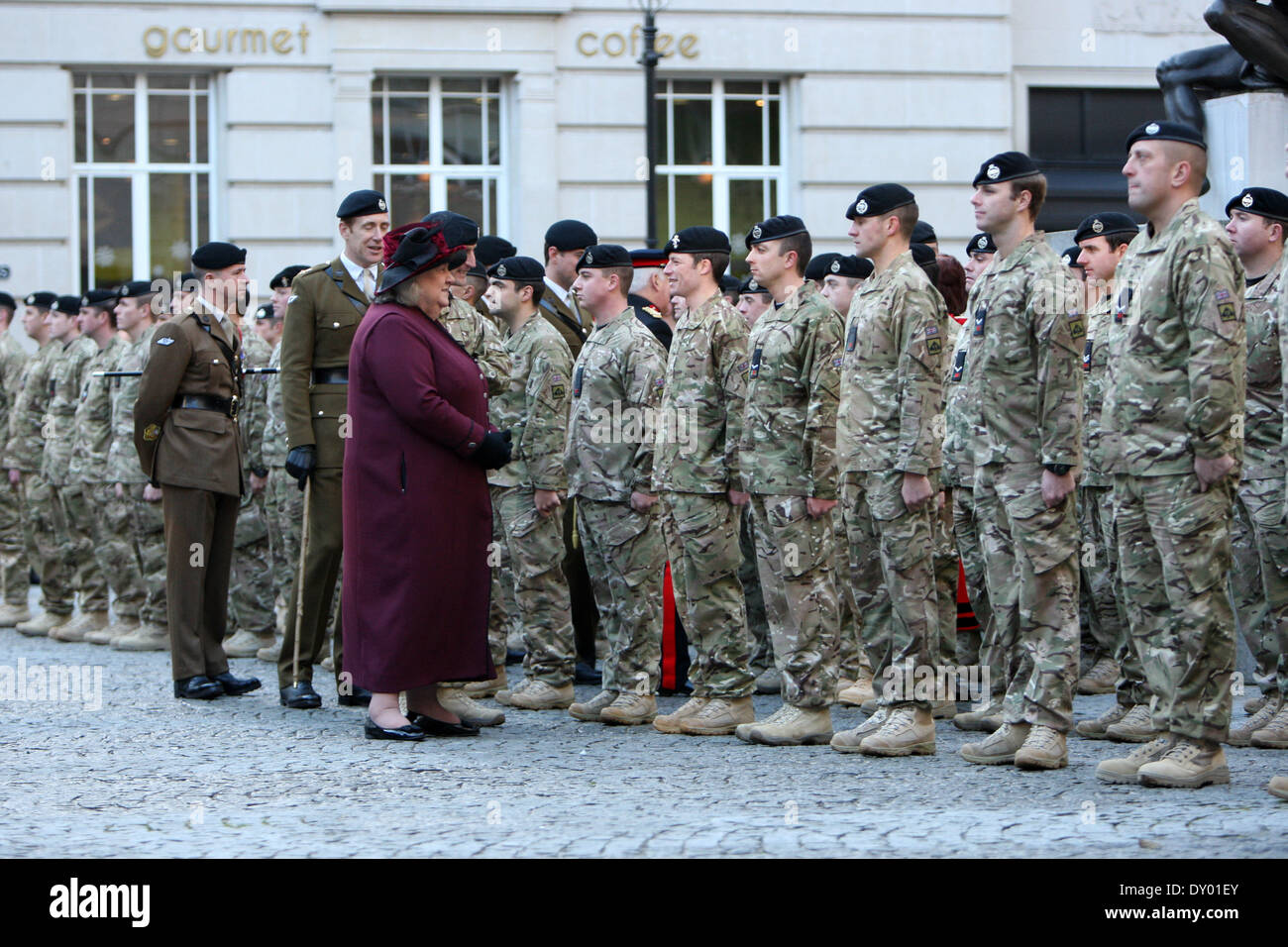 G Squadron of the 1st Royal Tank Regiment march through Liverpool city ...