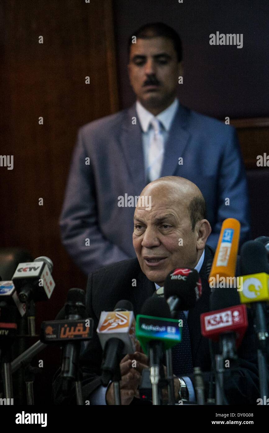 Cairo, Egypt. 2nd Apr, 2014. Adel Labib, Egypt's Minister of Local Development, speaks during a ...