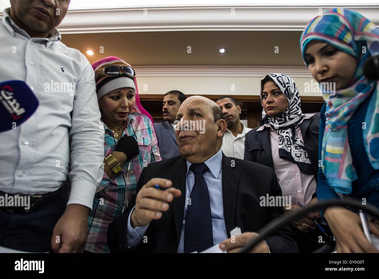 Cairo, Egypt. 2nd Apr, 2014. Adel Labib (C), Egypt's Minister of Local Development, speaks ...