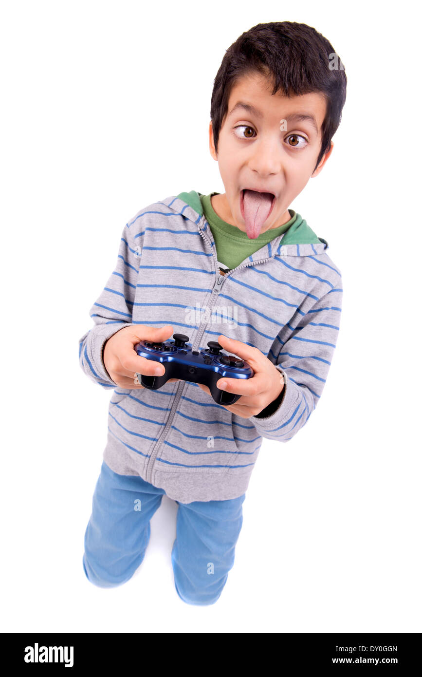 Boy playing video games making faces isolated in white Stock Photo - Alamy