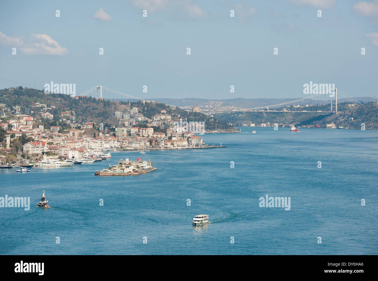Aerial view down the Bosphorus River in Istanbul Turkey towards the ...