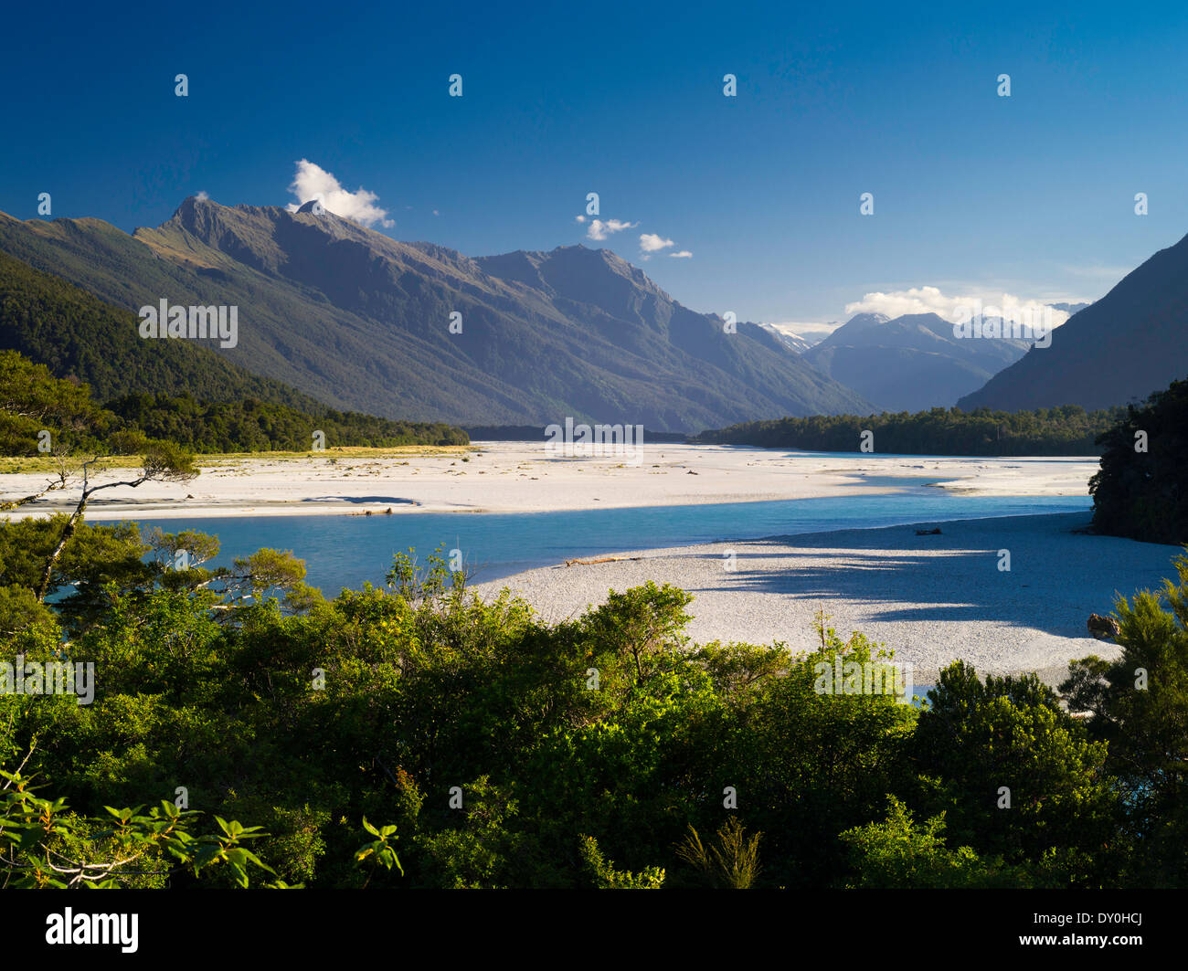 View of the Arawhata River and the Haast Range of the Southern Alps ...