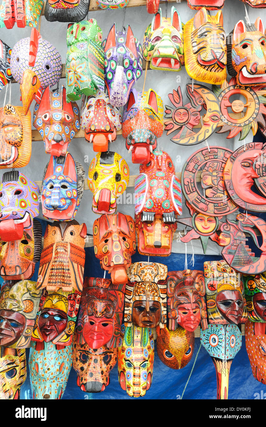 Wooden masks at the market of Chchicastenango on Guatemala Stock Photo ...