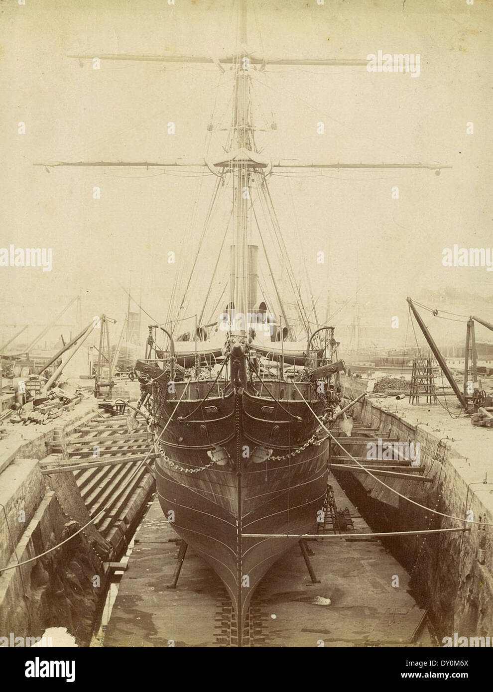 This 1887 photograph depicts the French steamship *Dupleix* in dry dock ...