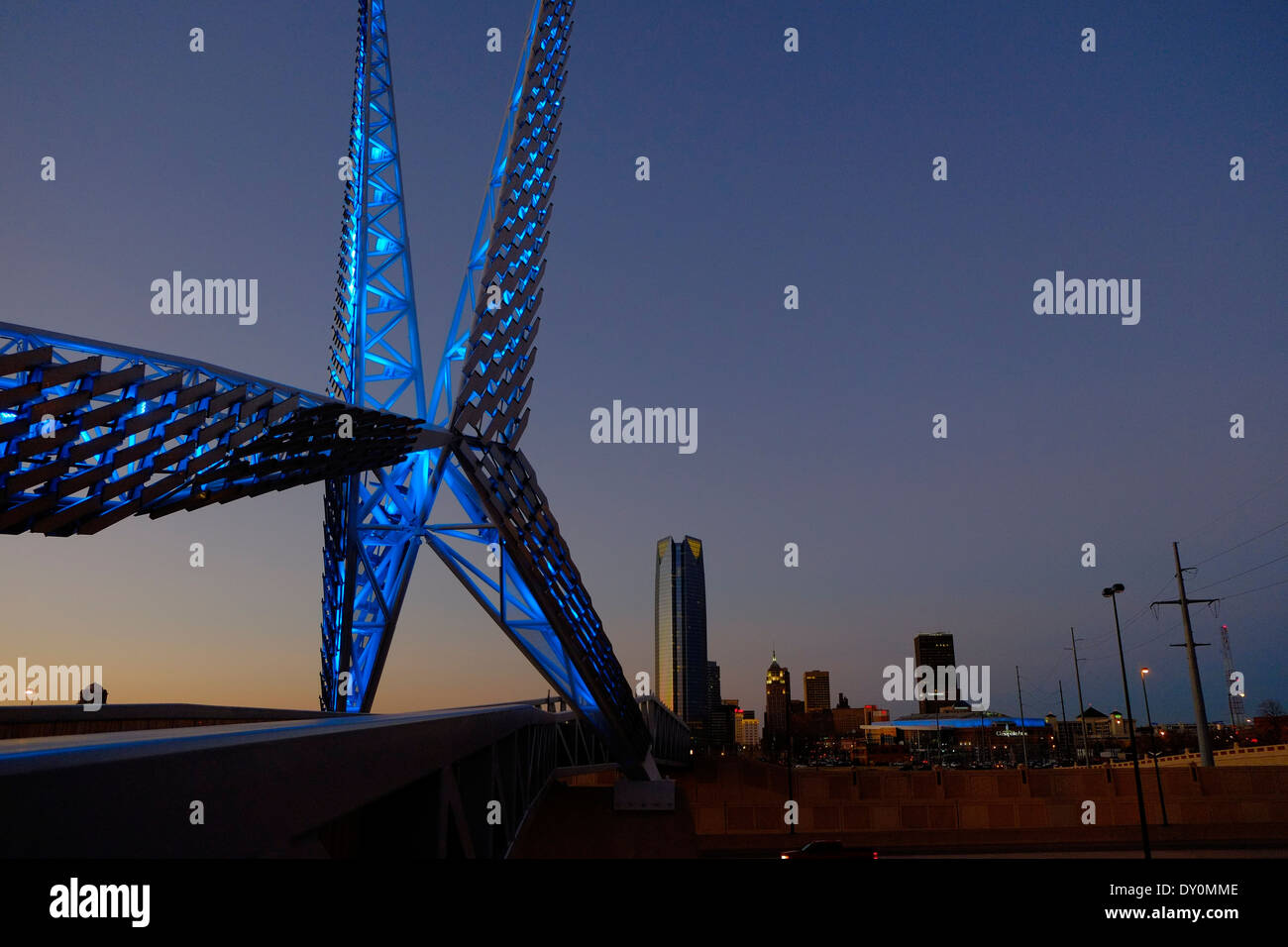 View of Skydance Bridge and Oklahoma City skyline at Dusk Stock Photo ...