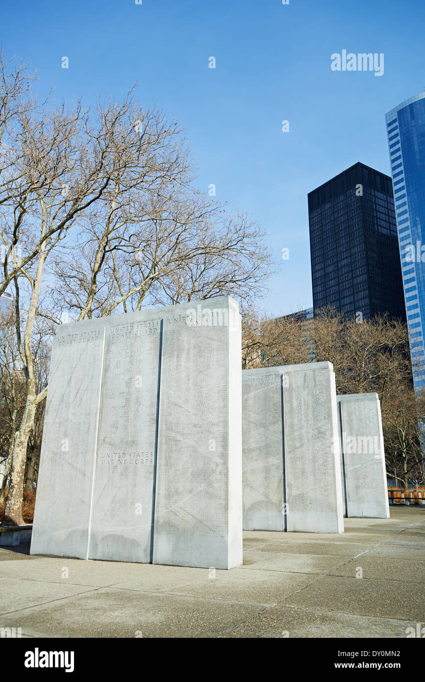 World War Two monument in Battery Park with financial district in ...