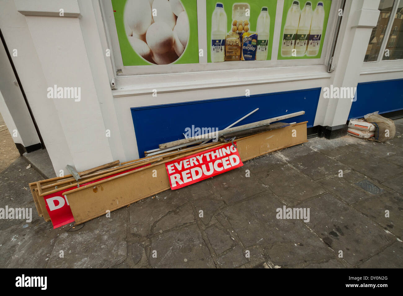 Everything Reduced - sign on road from corner shop refitting in London ...