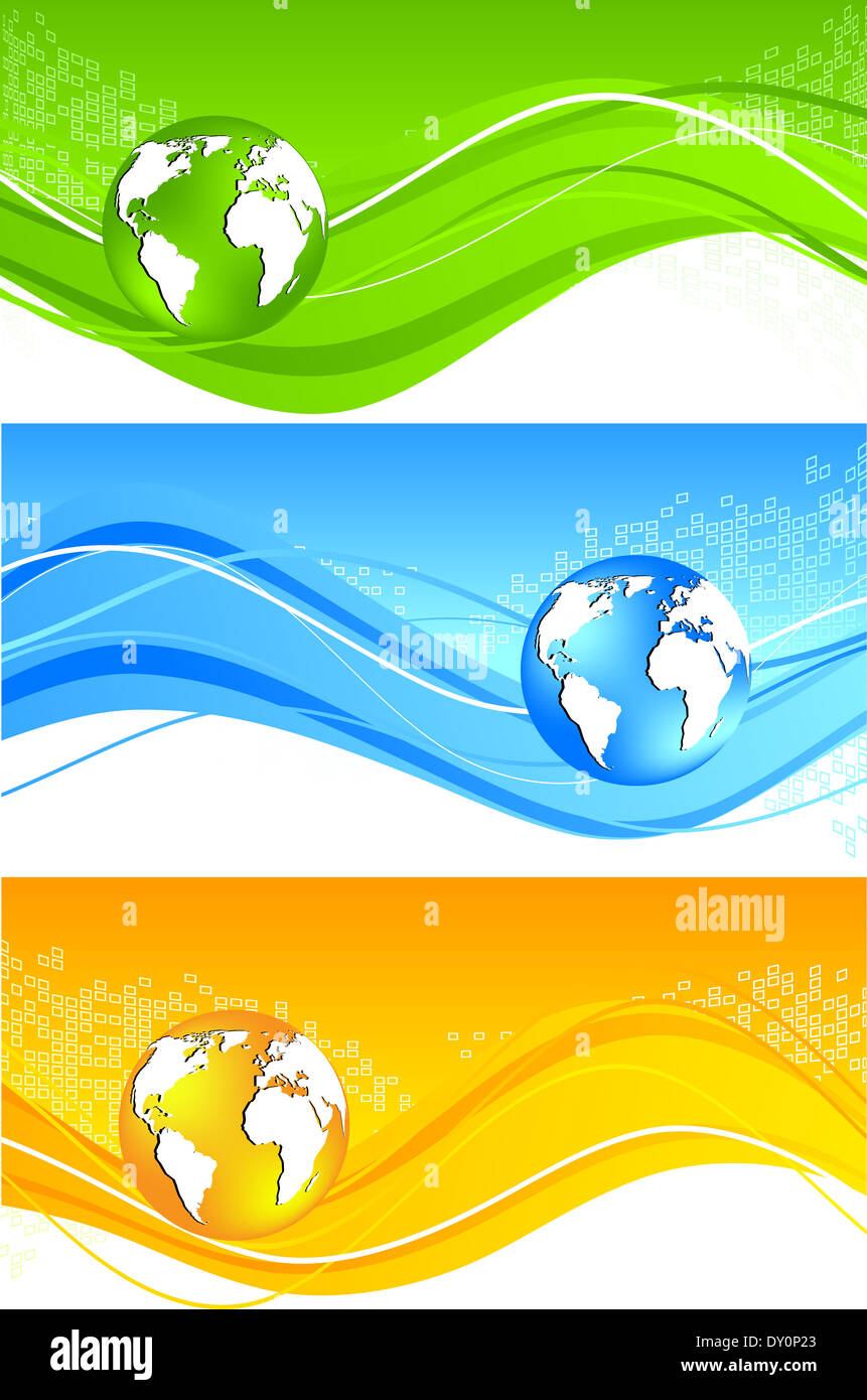Set of wavy banner with globe Stock Photo - Alamy