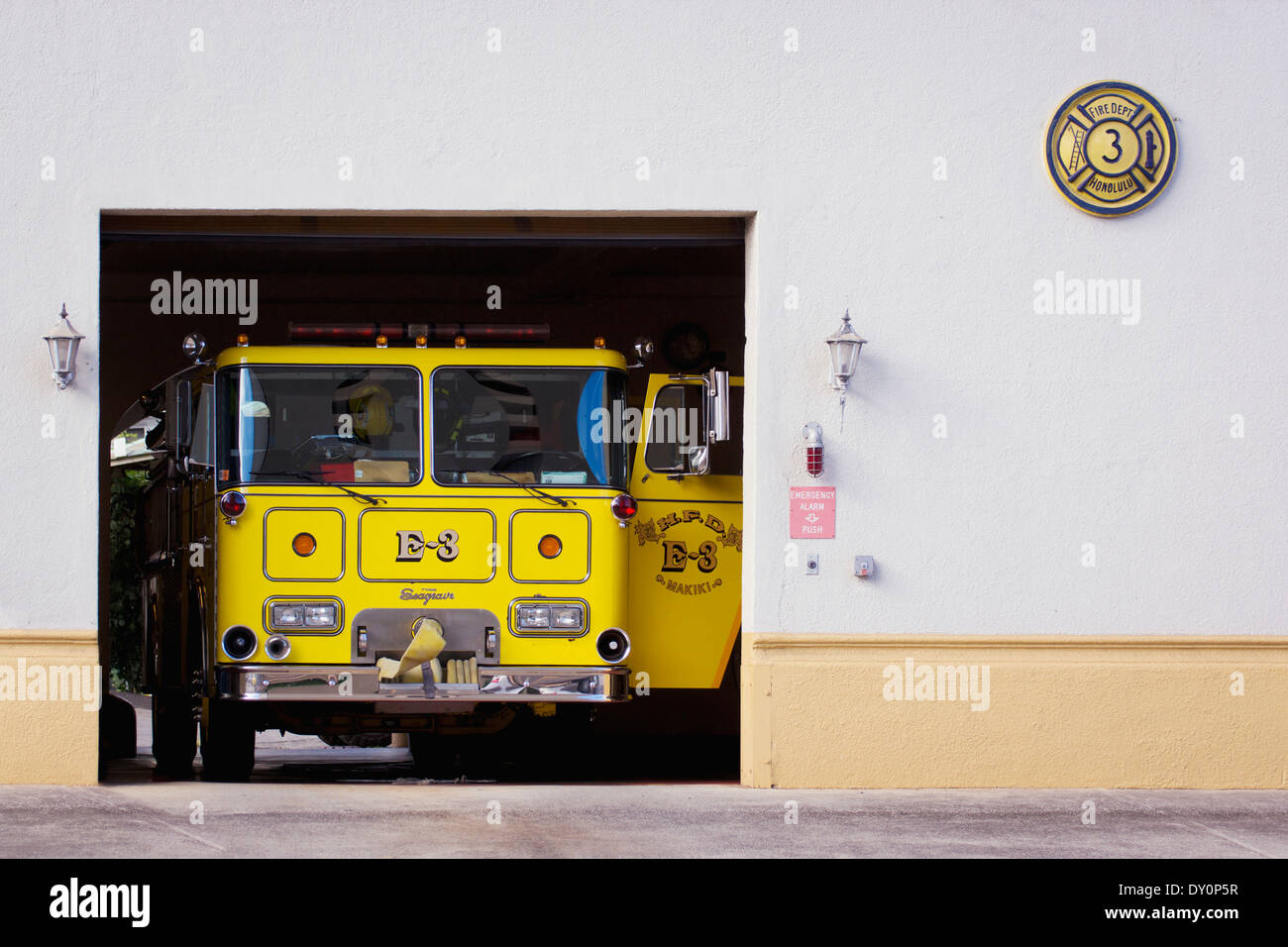 Yellow fire engine at the Makiki Fire Department; Honolulu, Oahu ...