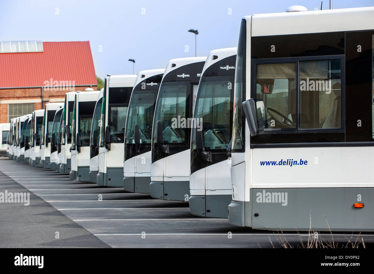 Buses parked at depot of the Flemish transport company De Lijn ...