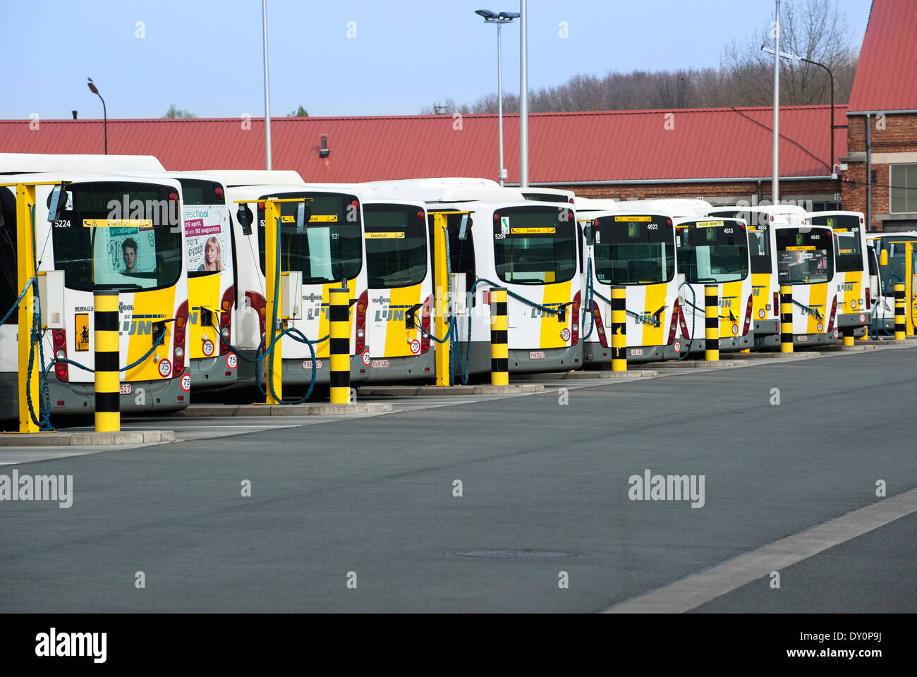 Buses parked at depot of the Flemish transport company De Lijn ...