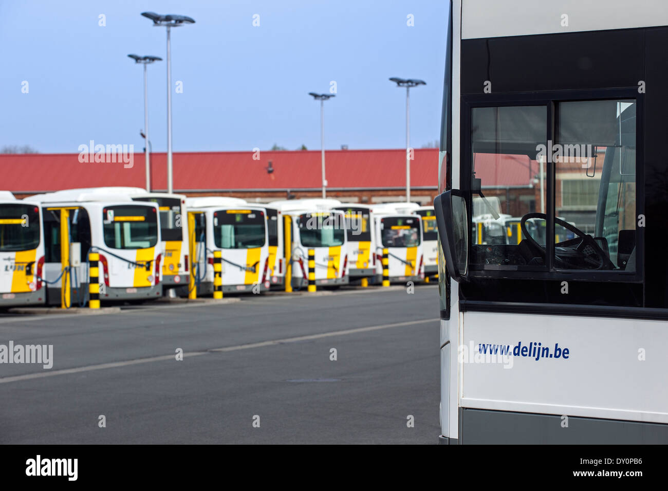 Buses parked at depot of the Flemish transport company De Lijn ...