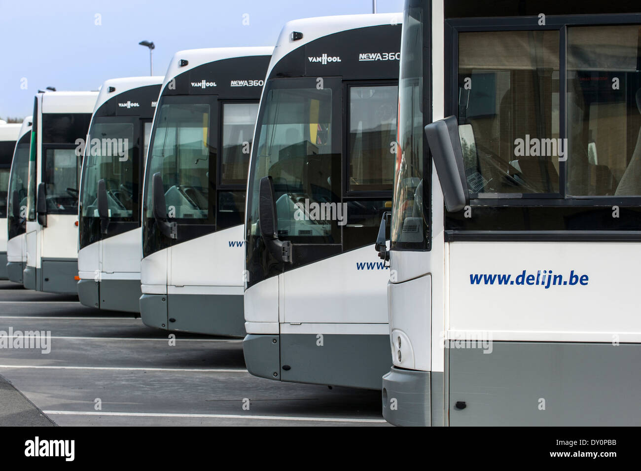 Buses parked at depot of the Flemish transport company De Lijn ...