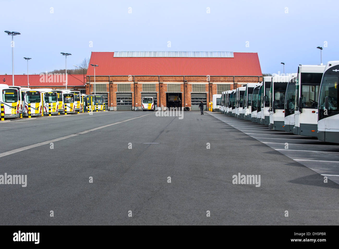 Buses parked at depot of the Flemish transport company De Lijn ...