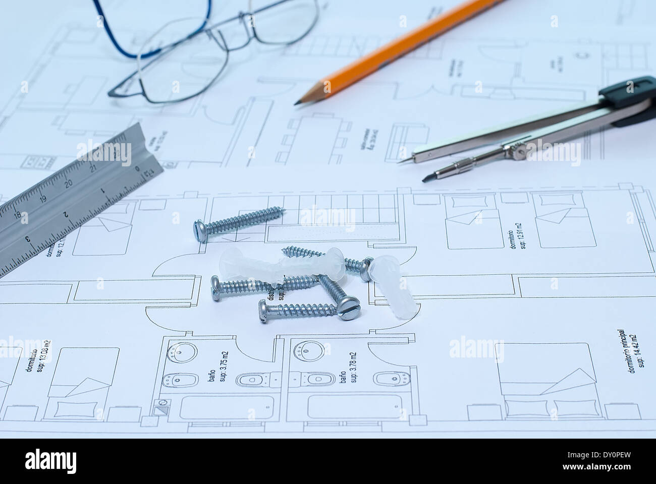 glasses, compass, ruler and pencil on architectural drawings Stock ...