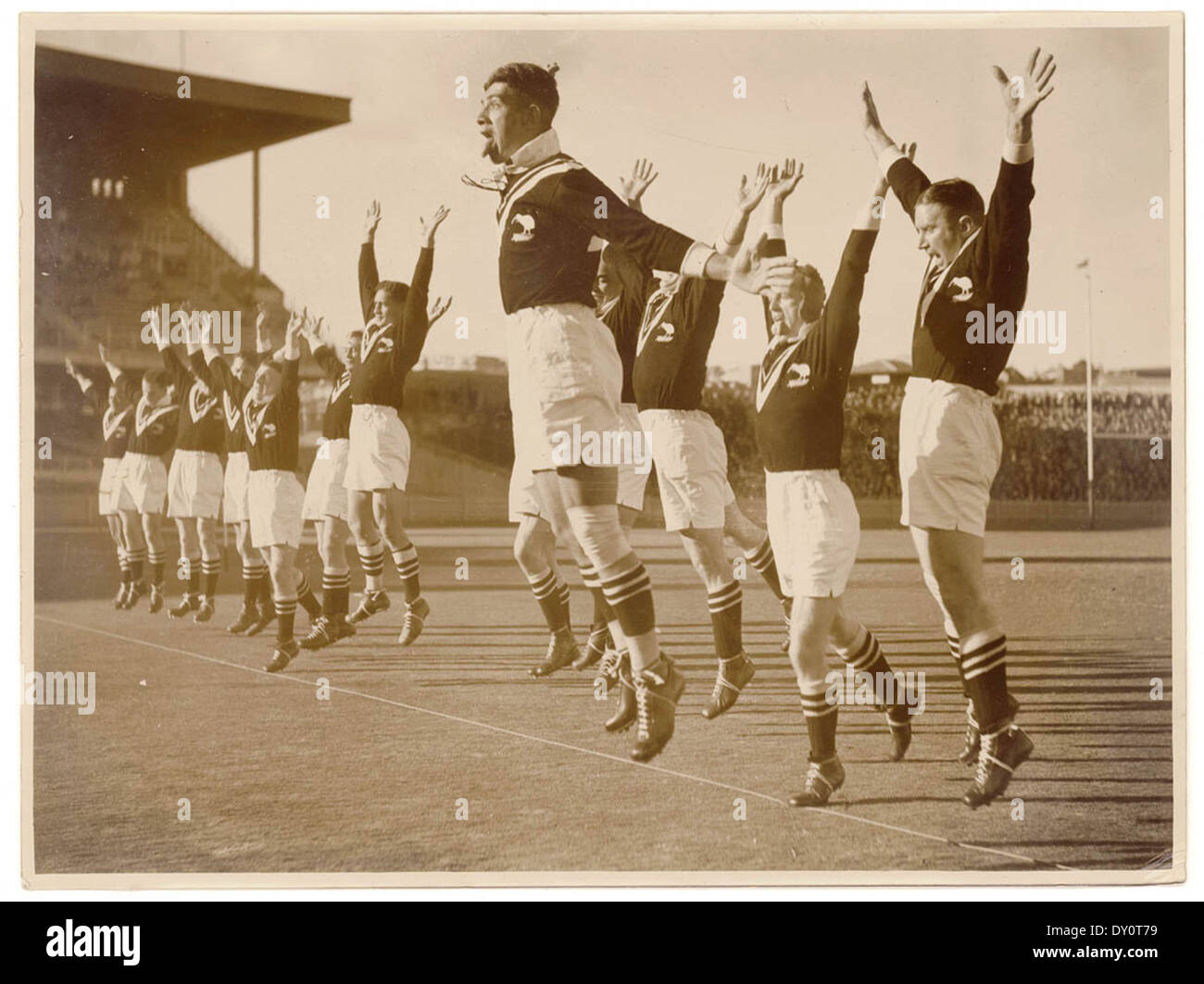 This image captures the New Zealand Kiwis performing the haka, a ...