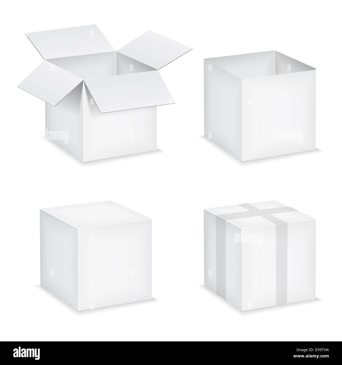 Open and closed white paper boxes on white background Stock Photo - Alamy