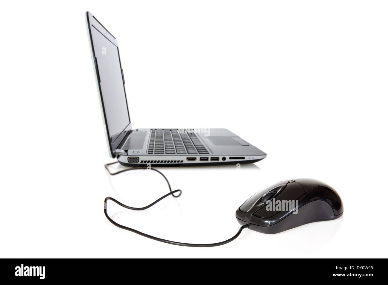 Laptop and mouse with selective focus on mouse. Isolated over a white ...