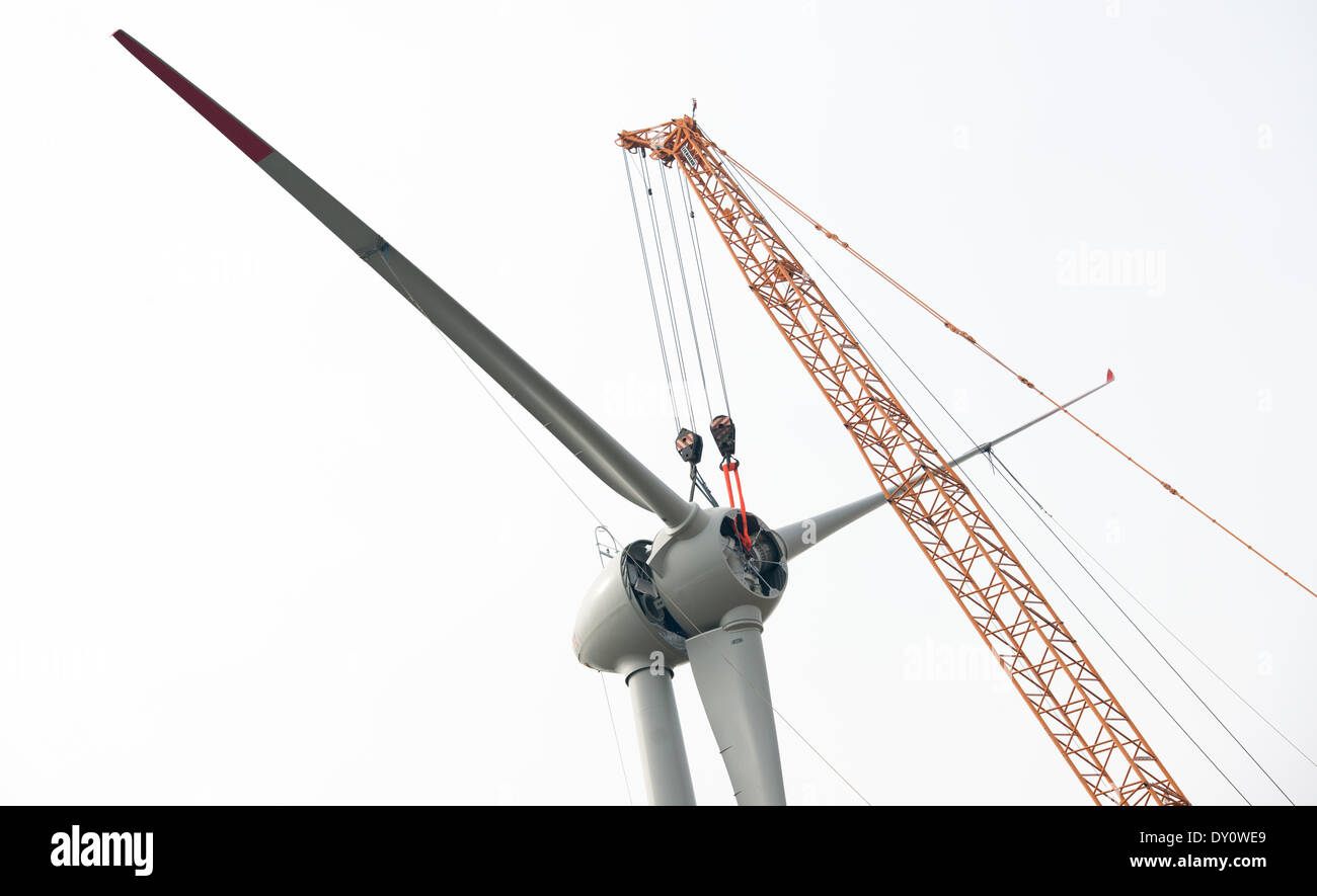 The wings of a wind turbine get mounted on 31 March 2014 in ...