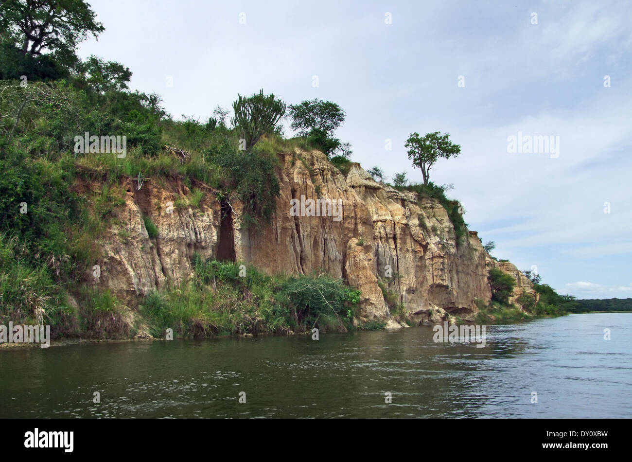 waterside scenery showing the Victoria Nile with a big overgrown rock ...