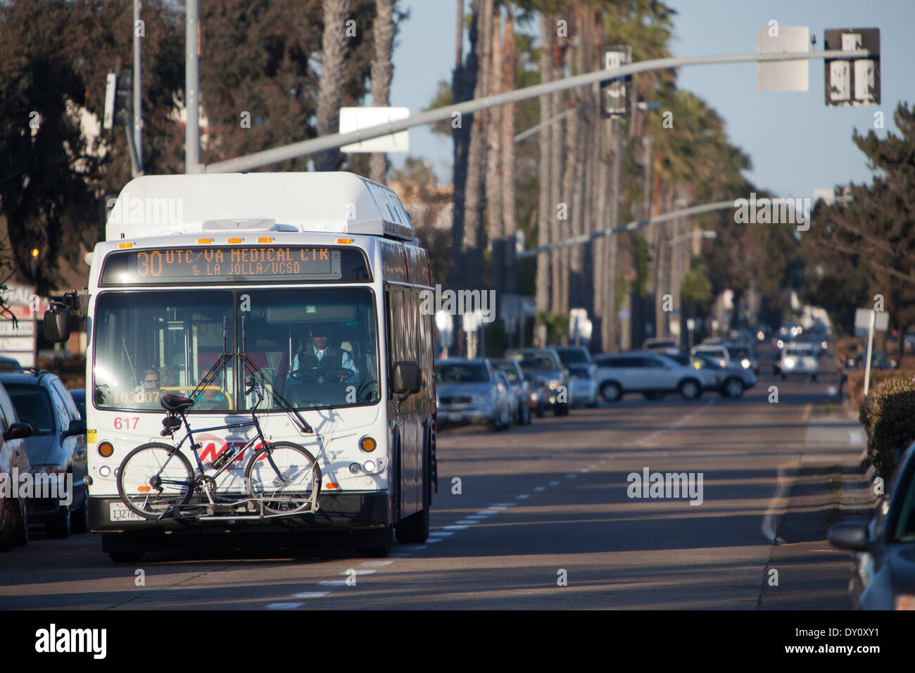 A bicycle mounted on a bike rack on a MTS Bus on Grand Avenue, in April ...