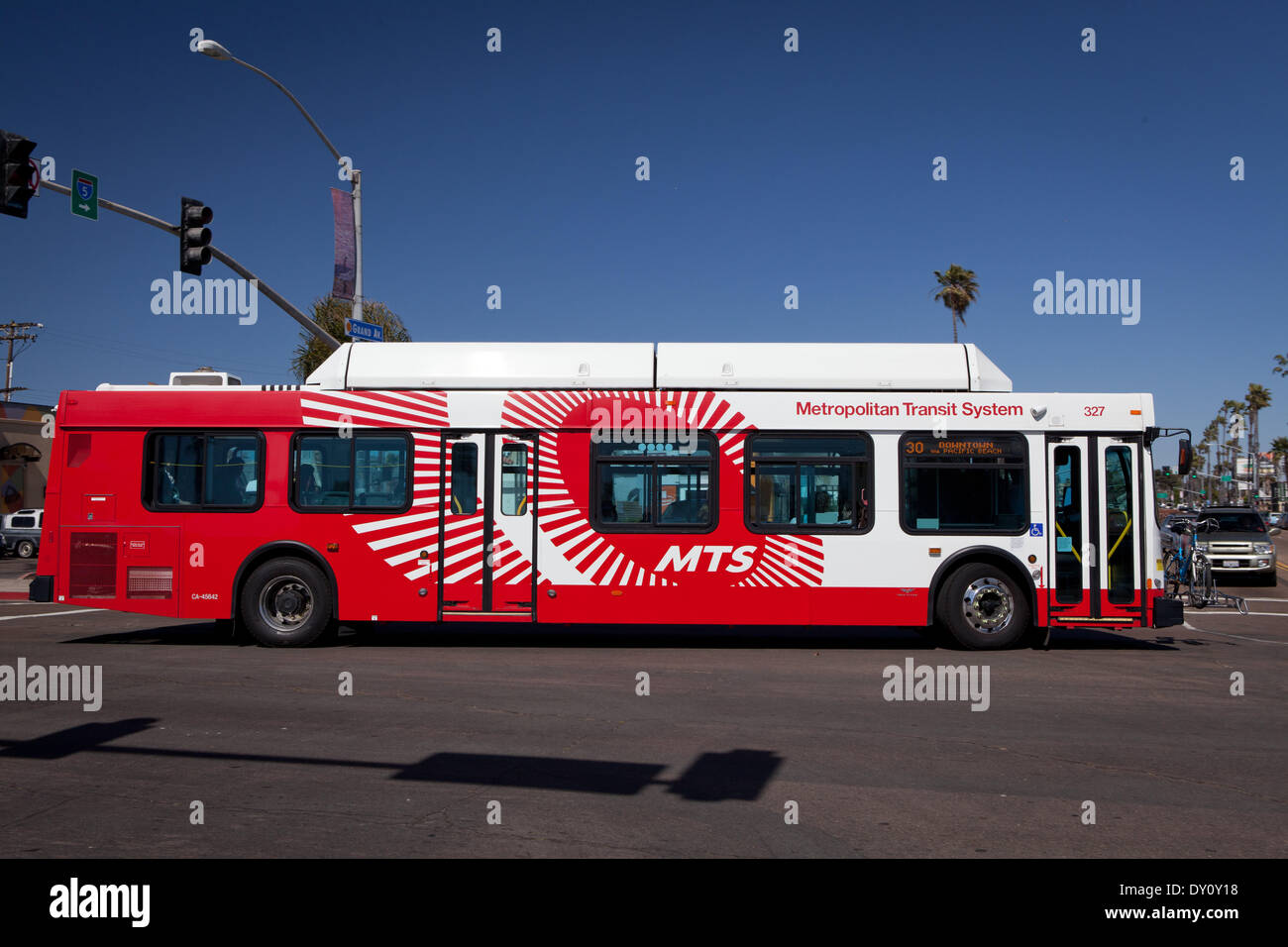 A bicycle mounted on a bike rack on a MTS Bus on Mission blvd, in April ...
