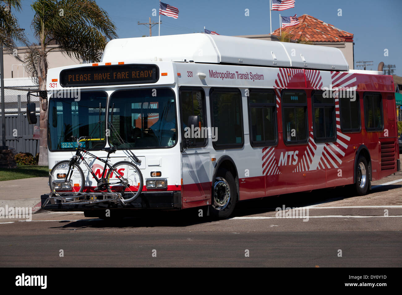 A bicycle mounted on a bike rack on a MTS Bus on Mission blvd, in April ...