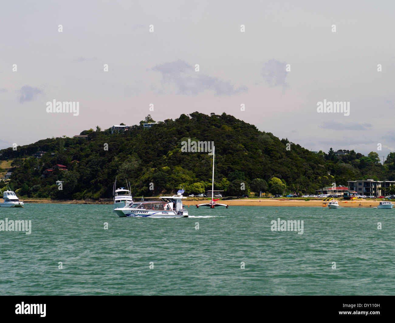 View of the beach at Russell from the water, Bay of Islands, Northland ...