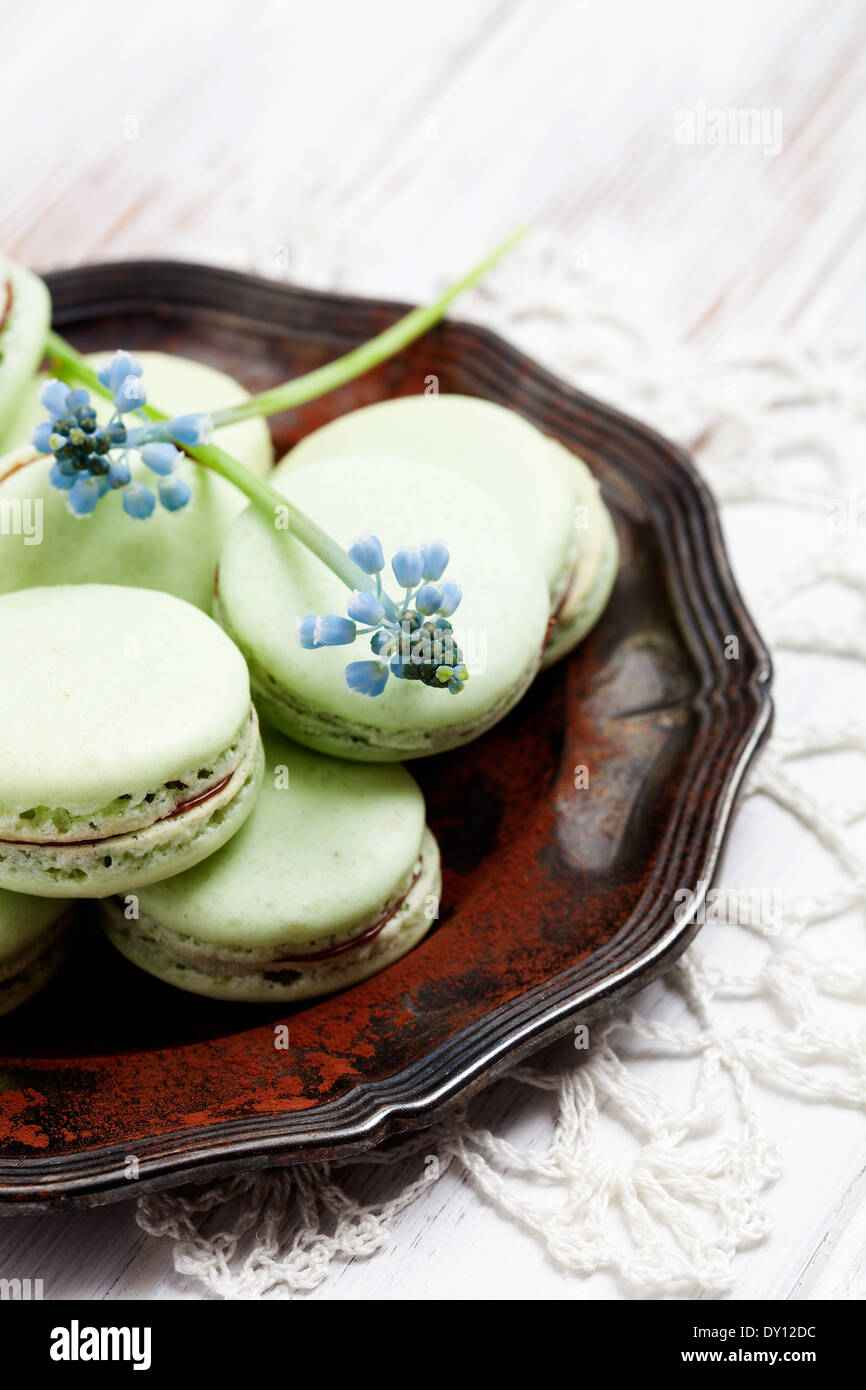 Homemade mint macaroons with dark chocolate filling Stock Photo - Alamy