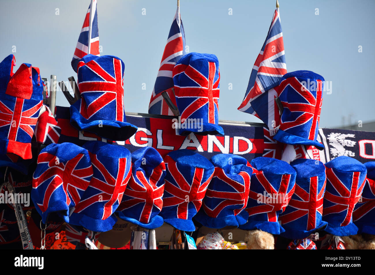 Union Jack hats at a London Souvenir stall Stock Photo - Alamy
