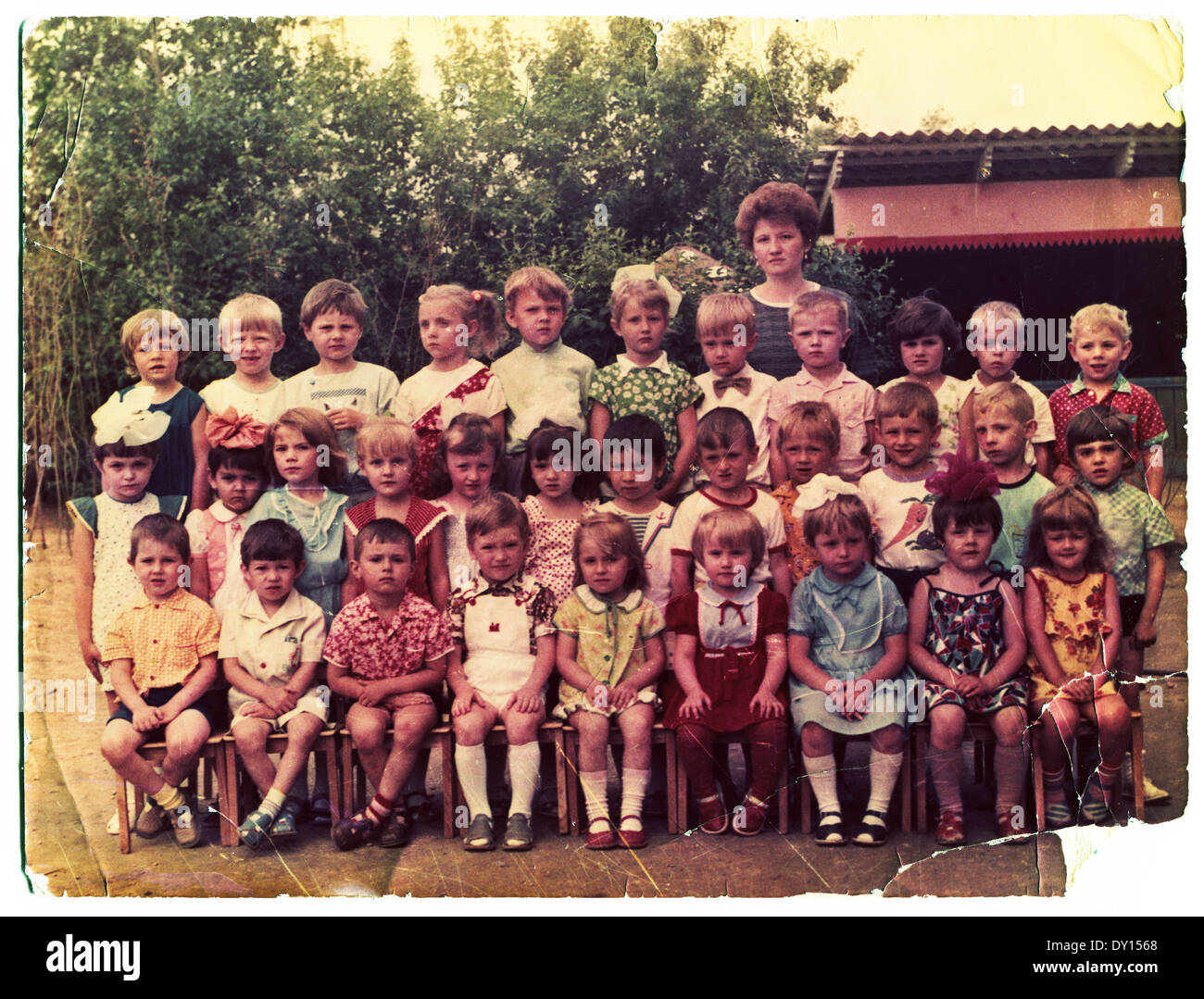 USSR - CIRCA 1987: An antique photo shows medium group of kindergarten ...