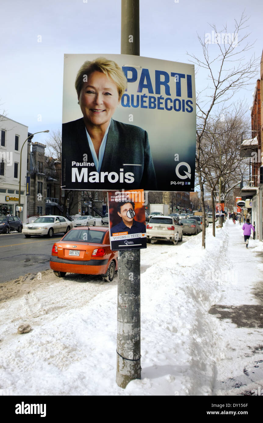 Quebec election campaign placards shown on Rue St. Denis, Montreal, QC ...