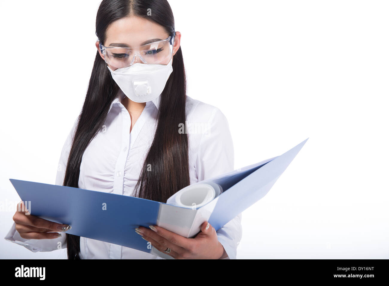 black hair girl with a mask on her face. Isolated on white Stock Photo ...