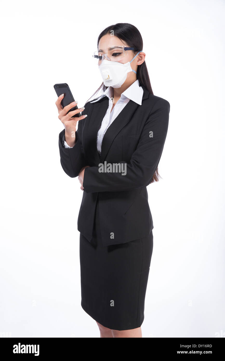 black hair girl with a mask on her face. Isolated on white Stock Photo ...