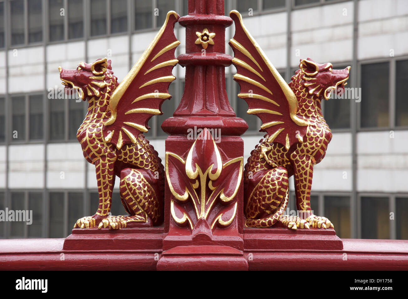 Ornate red gryphons, with details picked out in gold leaf, adorn the ...