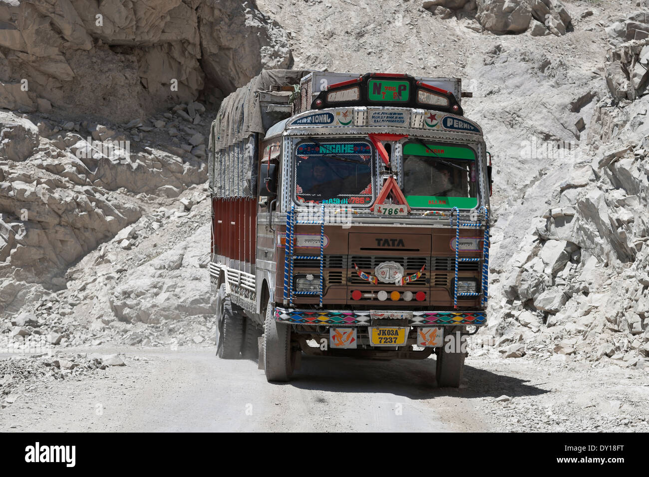 Basgo, Ladakh, India. A truck approaching Basgo village on the Leh ...