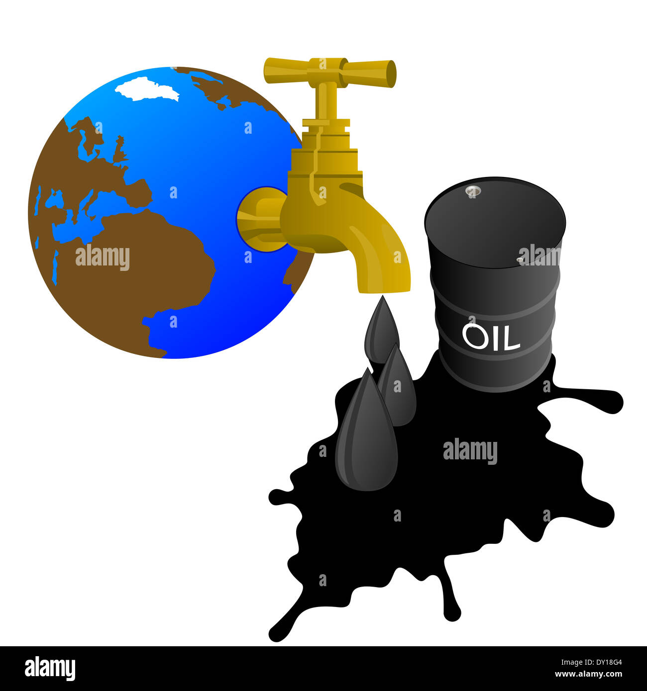Planet Earth with dripping faucet from which oil droplets and barrel ...