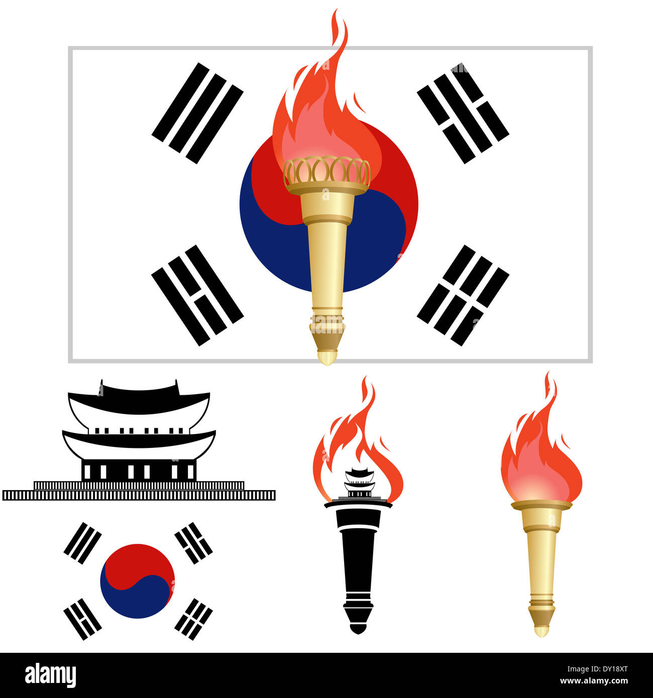 Korea flag and architecture. Burning torch. Illustration on white ...