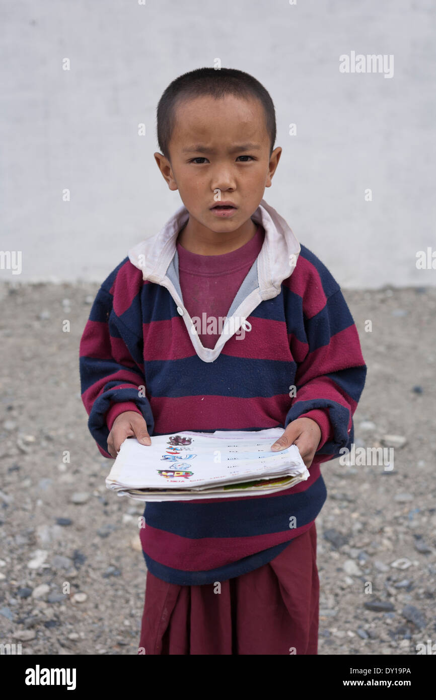 Diskit Village, Ladakh, India., Tibetan novice buddhist monk holding ...